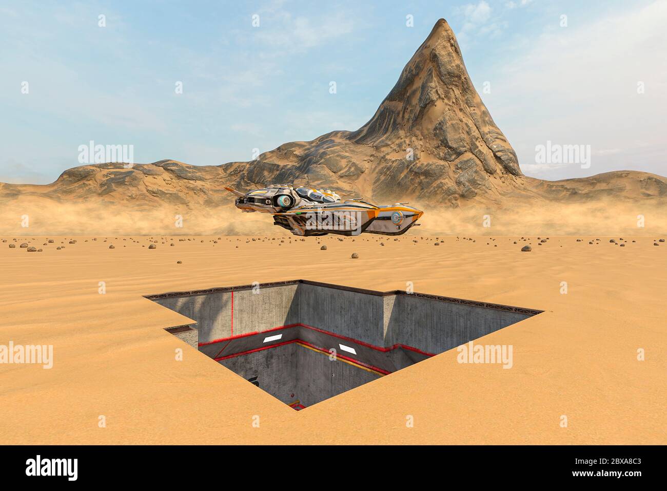 space ship side view on desert, 3d illustration Stock Photo - Alamy