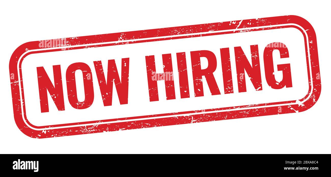 NOW HIRING red rectangle stamp Stock Photo - Alamy