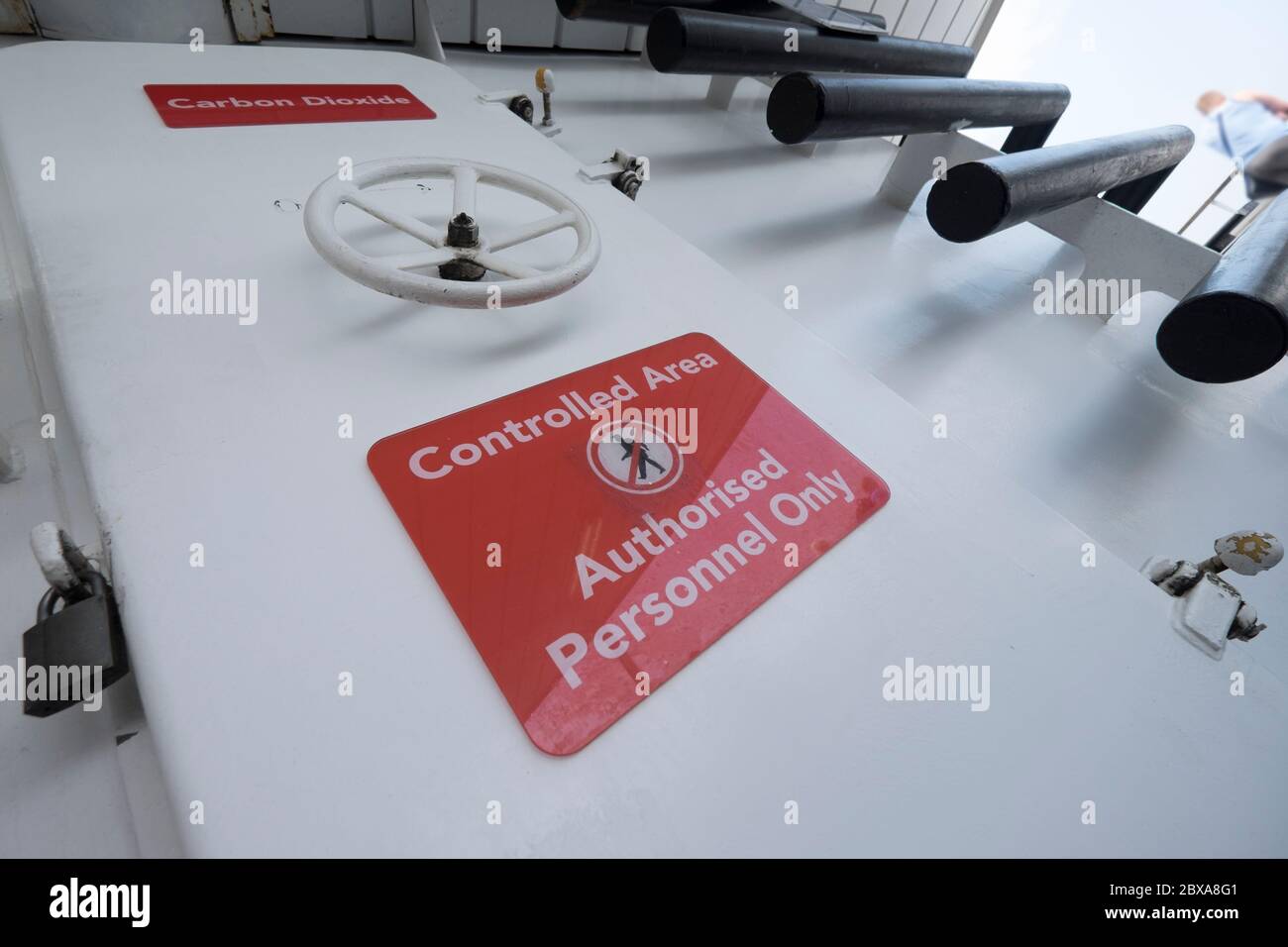 Carbon Dioxide and Authorised Personel Only signs on a ship Stock Photo ...