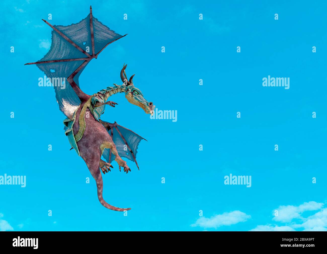 dragon cartoon with armor floating on blue sky, 3d illustration Stock ...