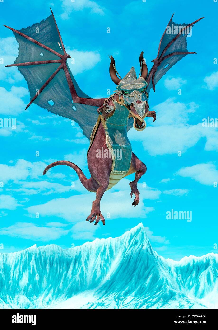 dragon cartoon with armor landing on ice, 3d illustration Stock Photo ...