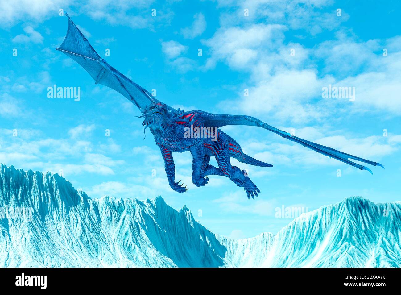 blue ice dragon just flying on frozen land, 3d illustration Stock Photo ...