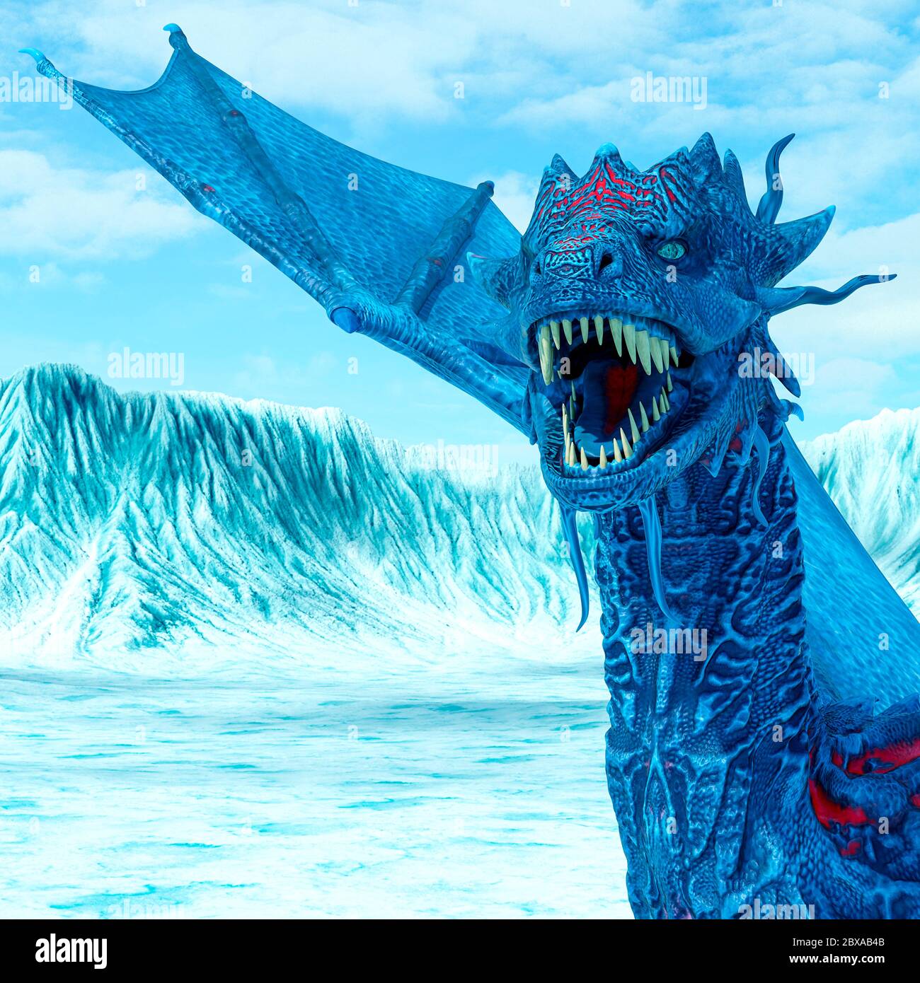 blue ice dragon on frozen land close up, 3d illustration Stock Photo ...
