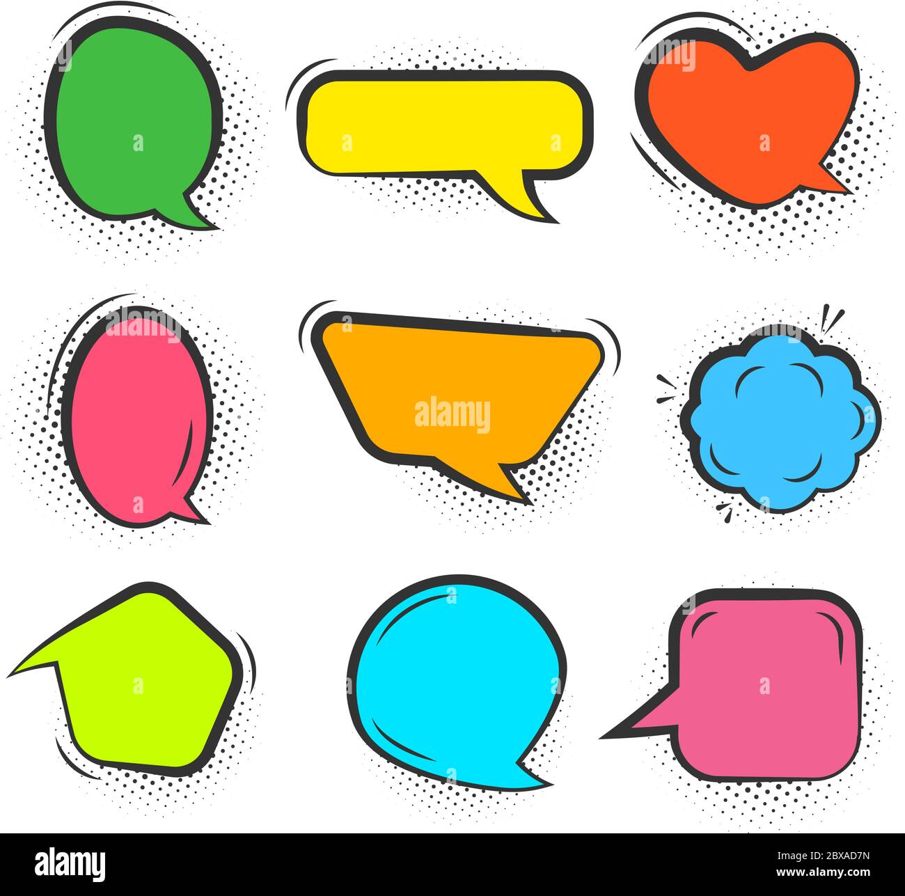 Comic speech bubble set. Cartoon empty text clouds with halftone dot shadow. Different shapes ...