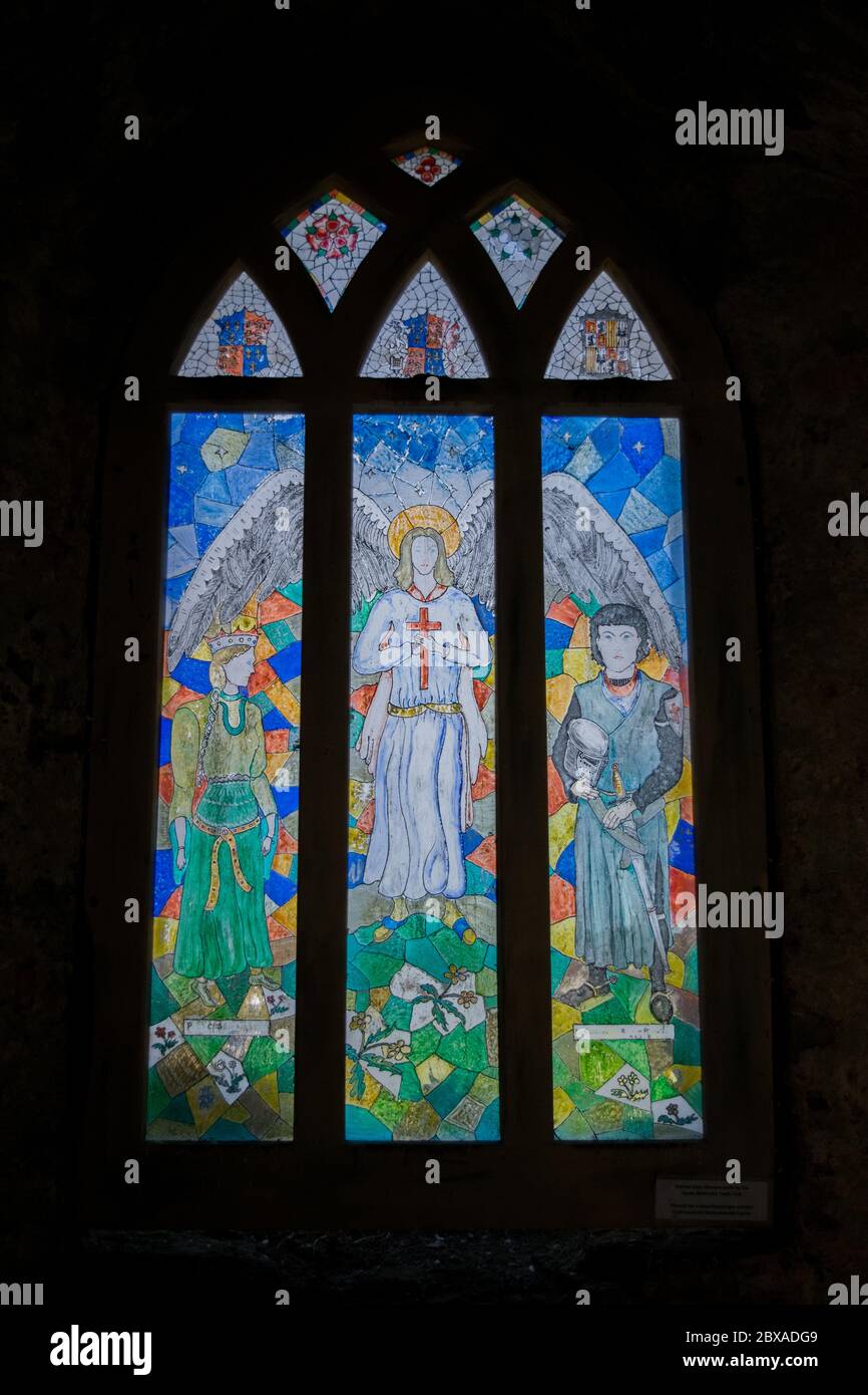 Stained glass window at Carew Castle Stock Photo - Alamy