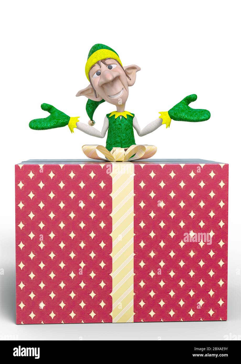 elf santa helper behind the gift box, 3d illustration Stock Photo - Alamy