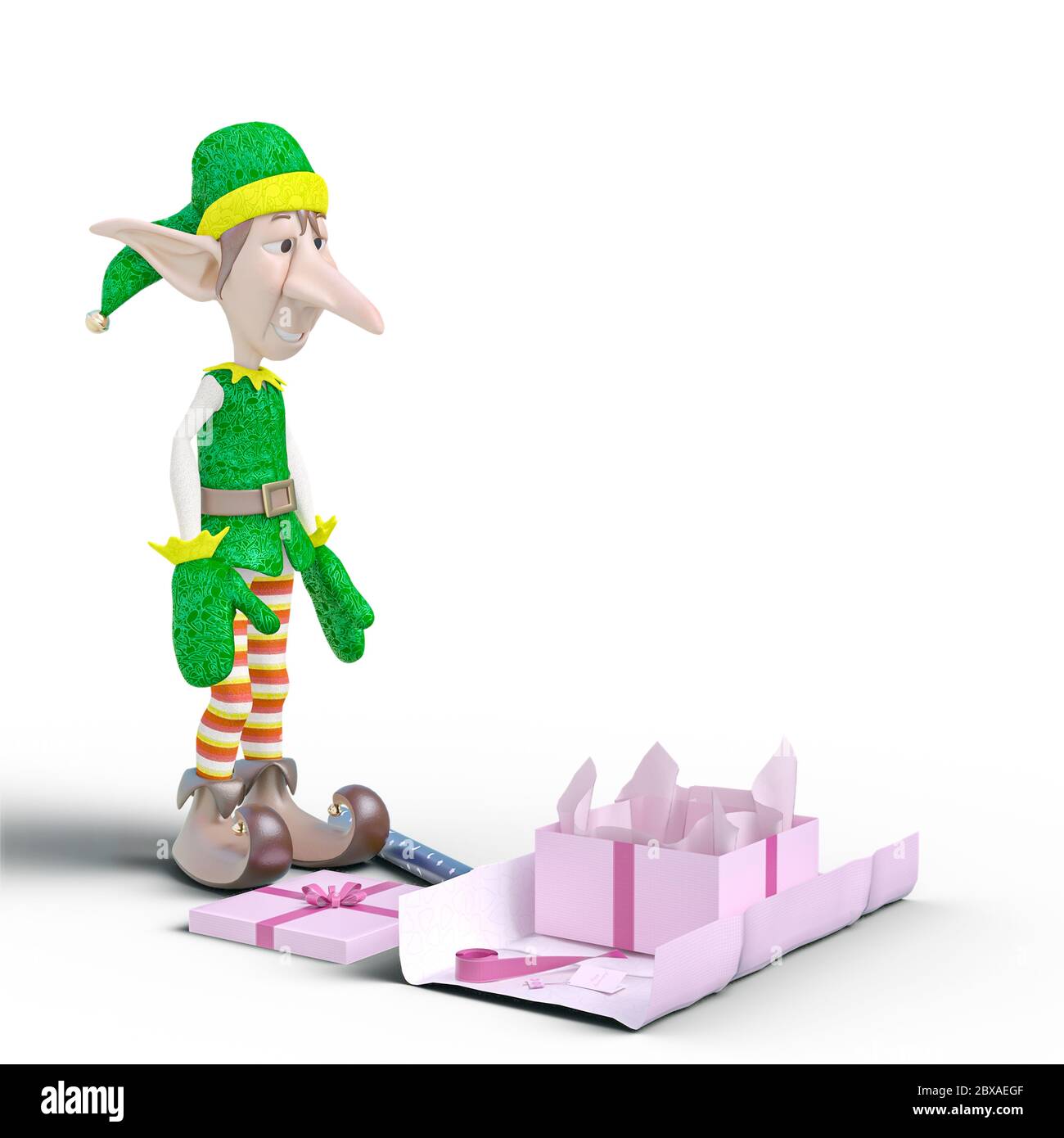 elf santa helper is ready for wrapping side view, 3d illustration Stock ...