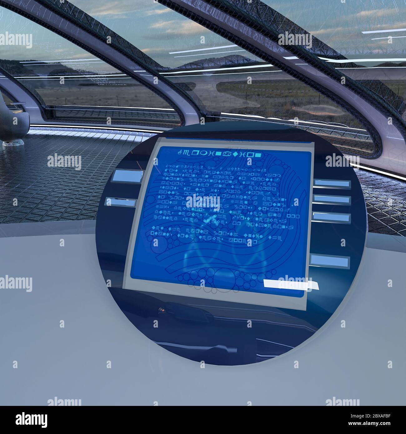 inside the ufo space ship control panel close up view, 3d illustration ...