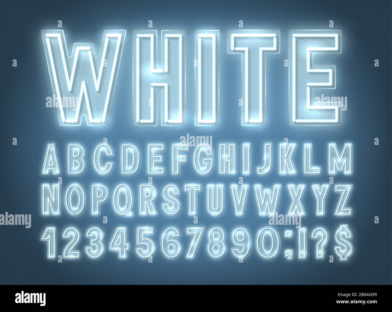 Neon white font, light alphabet with numbers on a dark background Stock ...