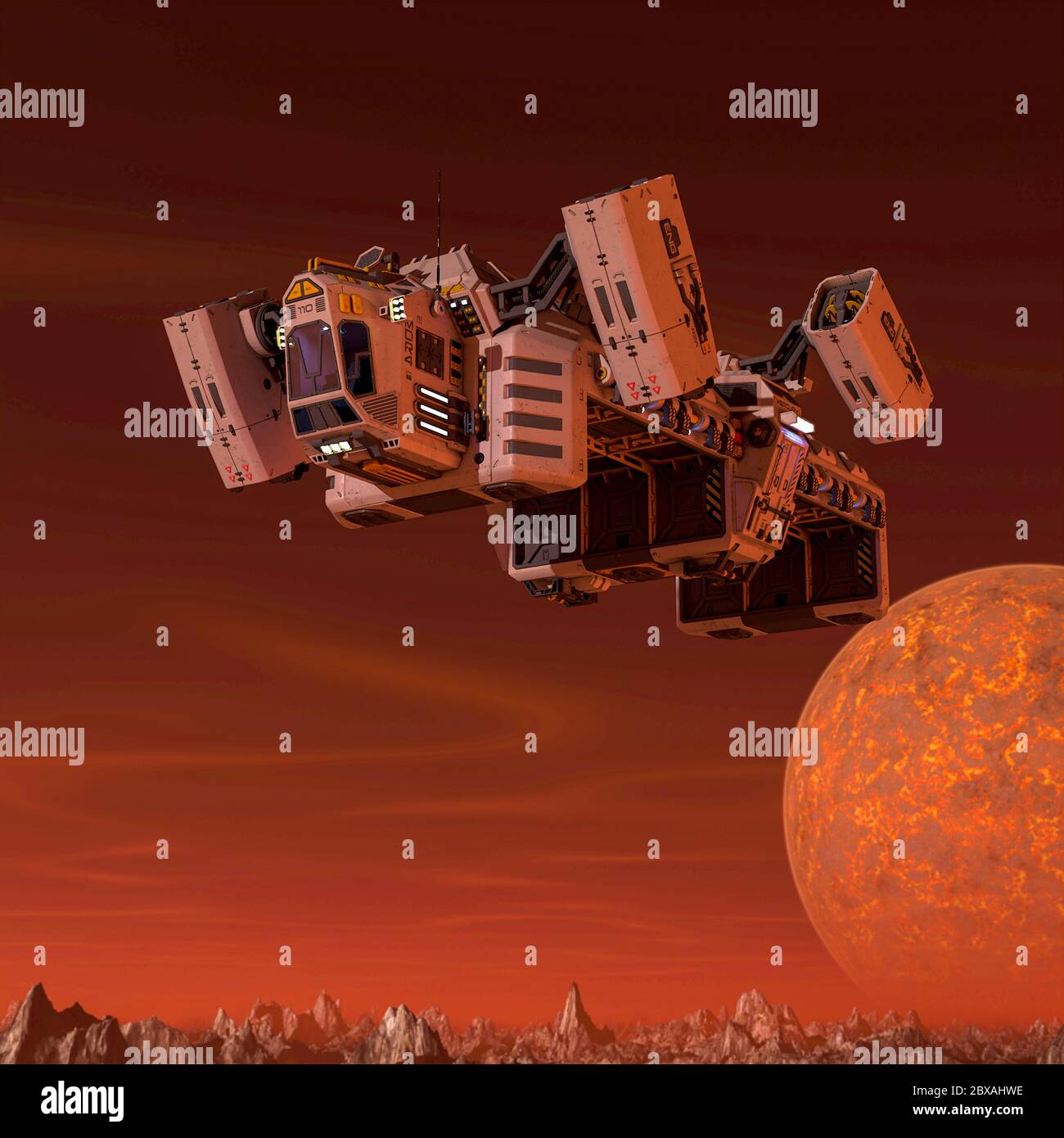 cargo space ship floating on mars, 3d illustration Stock Photo - Alamy