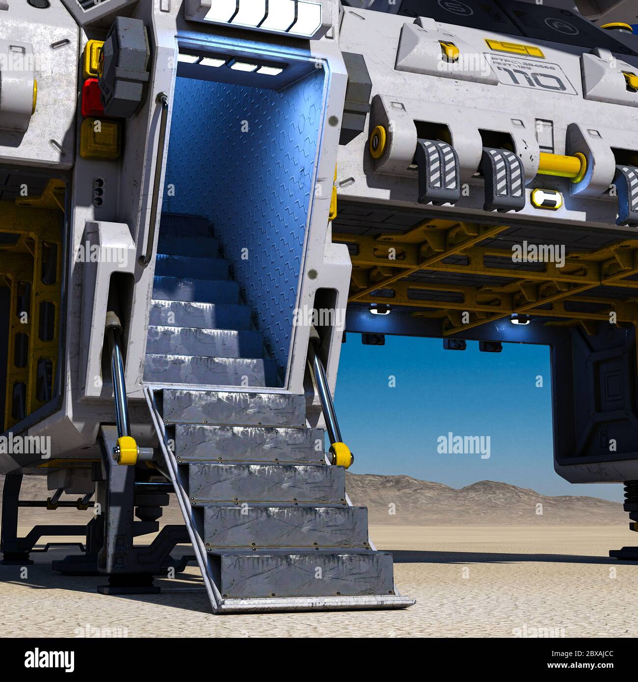 cargo space ship on the desert with close up on stairs, 3d illustration ...