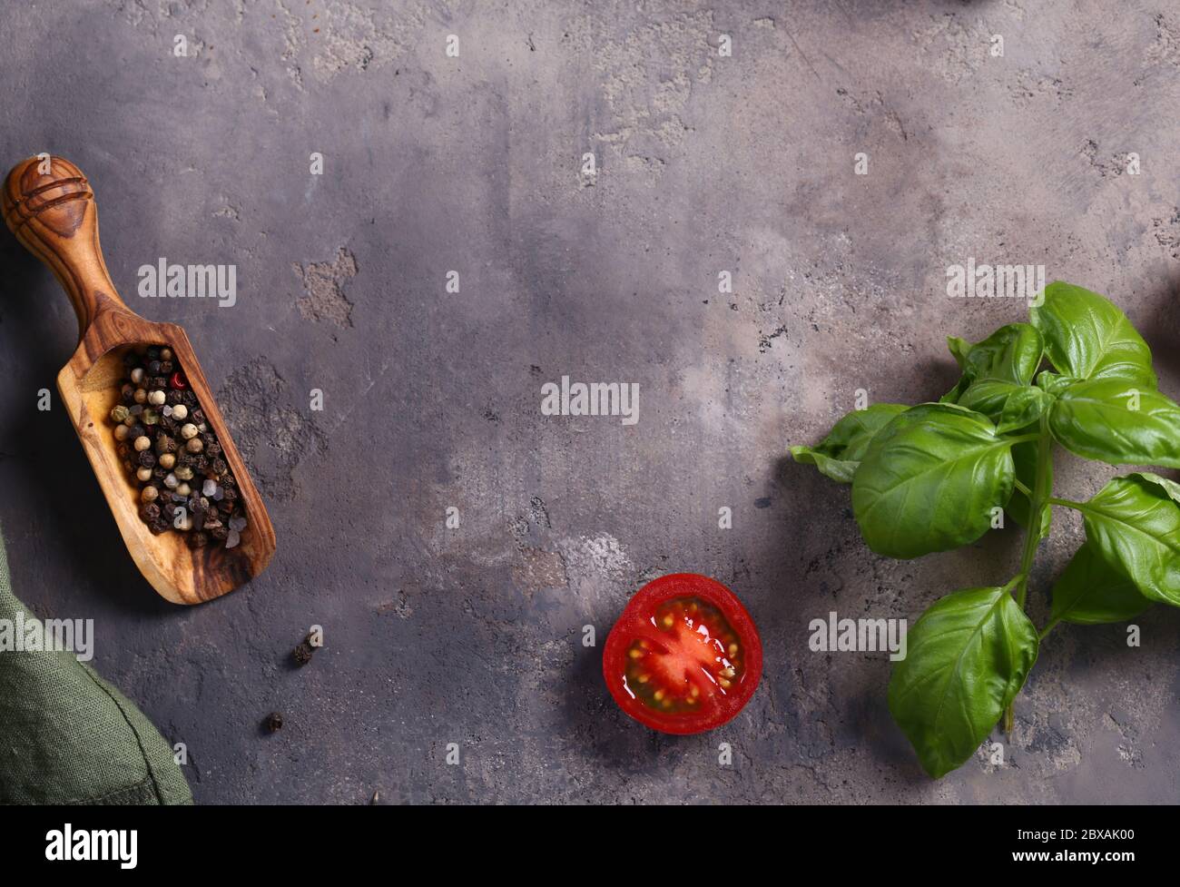 food background with basil and tomatoes and spices Stock Photo - Alamy