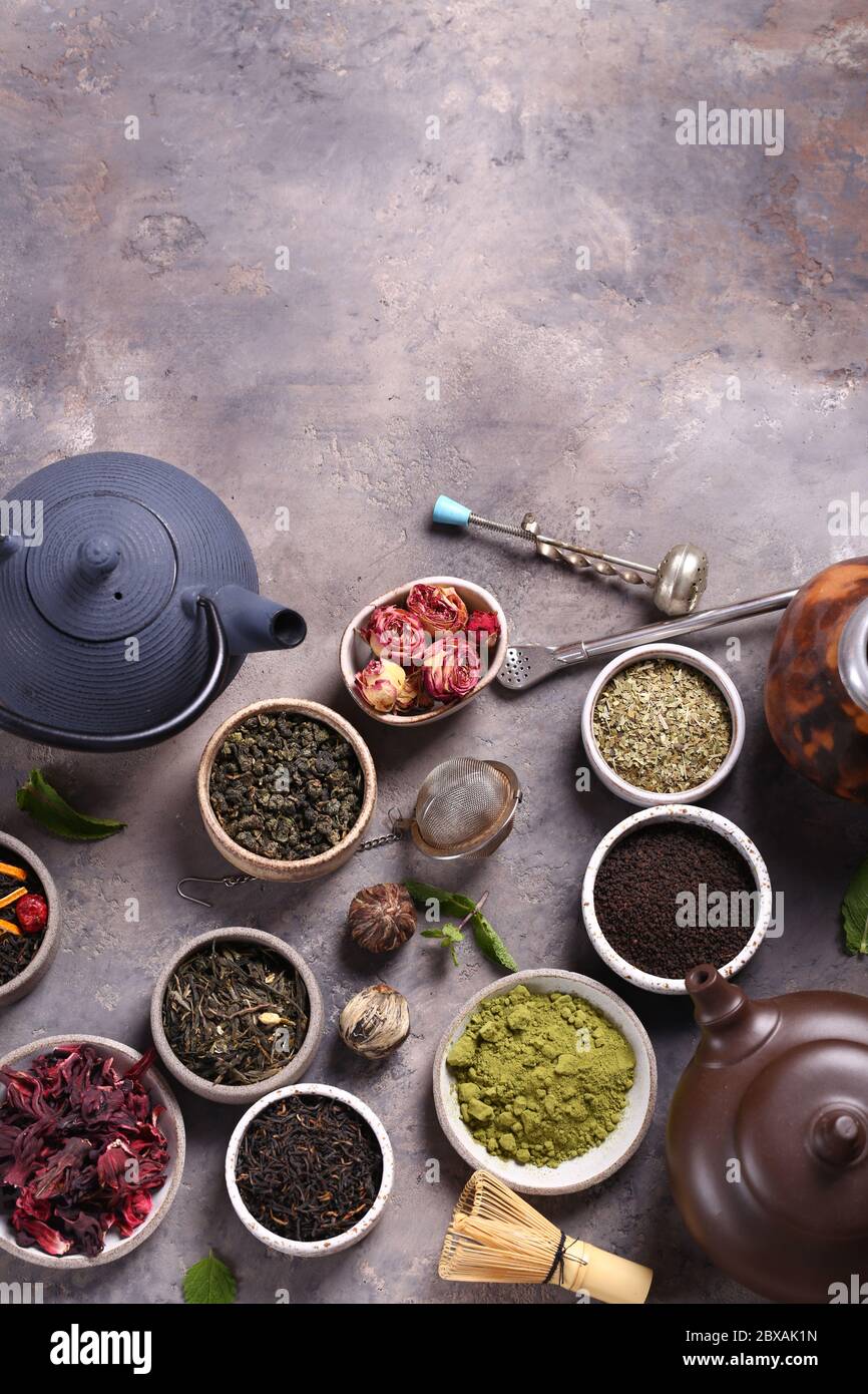 assortment of various tea and teapot Stock Photo - Alamy