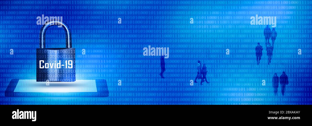 padlock over shiny cellphone display and people silhouette on blue ...