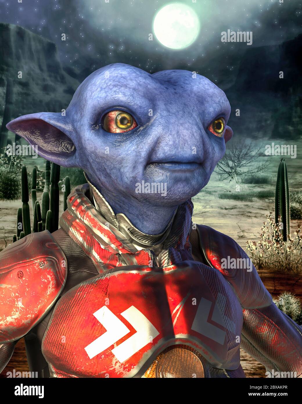 blue alien on mexican desert portrait, 3d illustration Stock Photo - Alamy