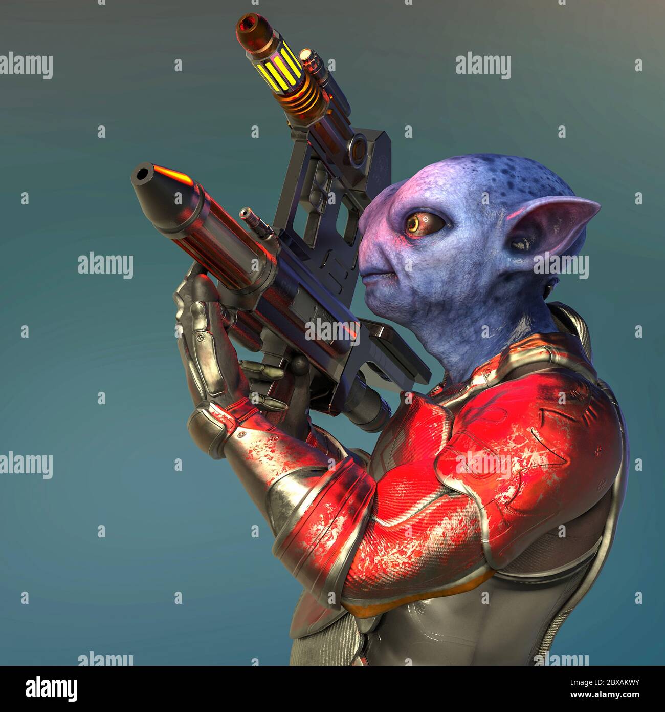 blue alien portrait holding a laser gun, 3d illustration Stock Photo ...