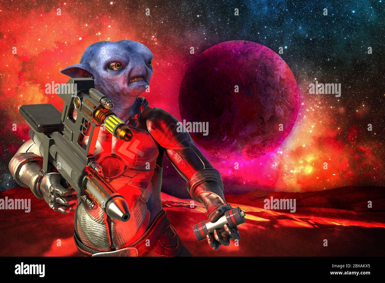 blue alien got a laser gun, 3d illustration Stock Photo - Alamy