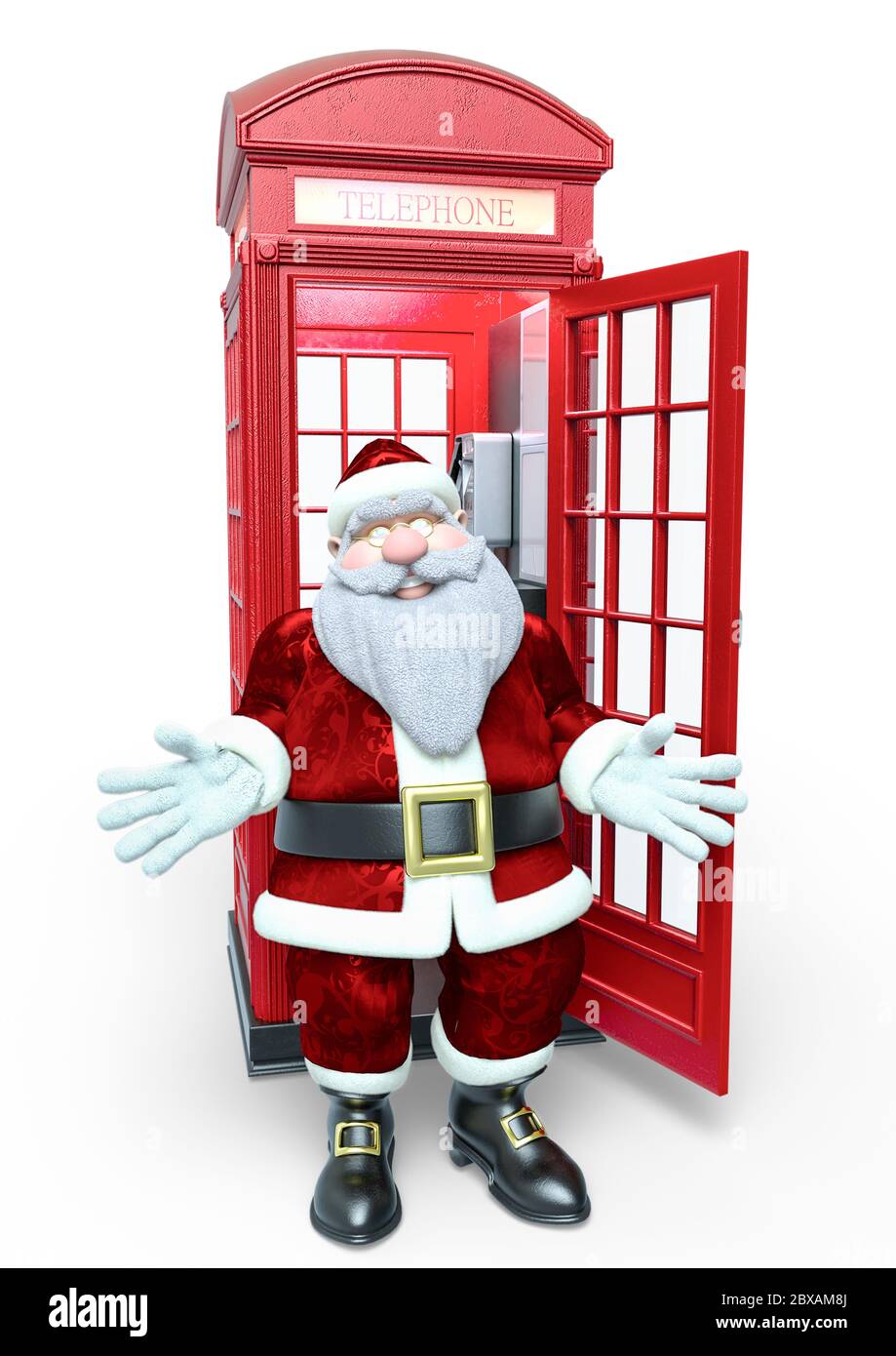 old santa in front of the telephone box, 3d illustration Stock Photo ...
