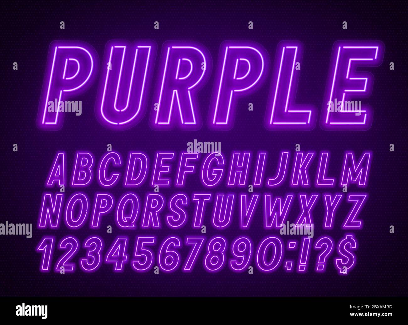 Neon purple font, light alphabet with numbers on a dark background ...