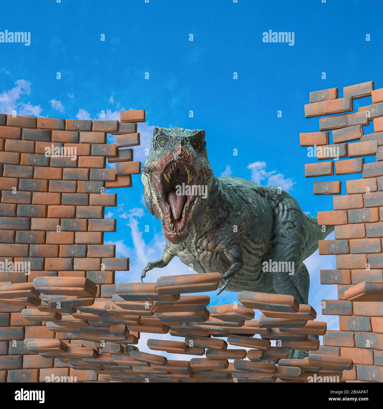tyrannosaurus rex in action breaking the brick wall, 3d illustration Stock Photo - Alamy