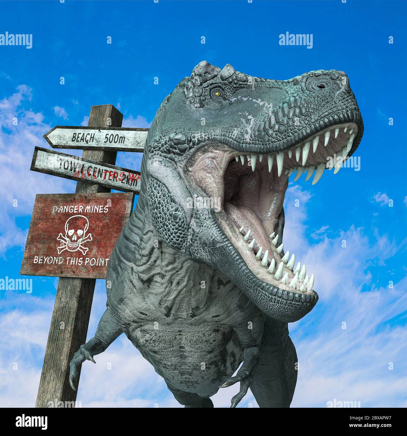 tyrannosaurus rex on danger zone, 3d illustration Stock Photo - Alamy