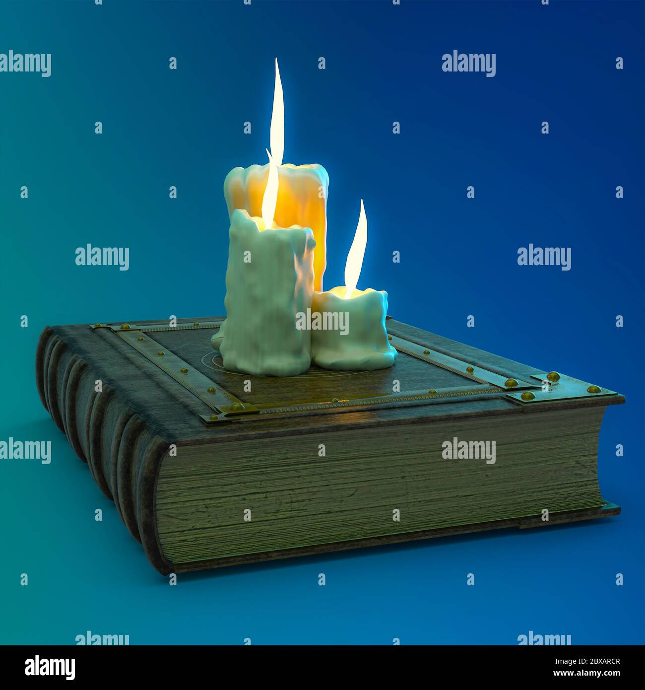 old book and candles on blue background, 3d illustration Stock Photo ...