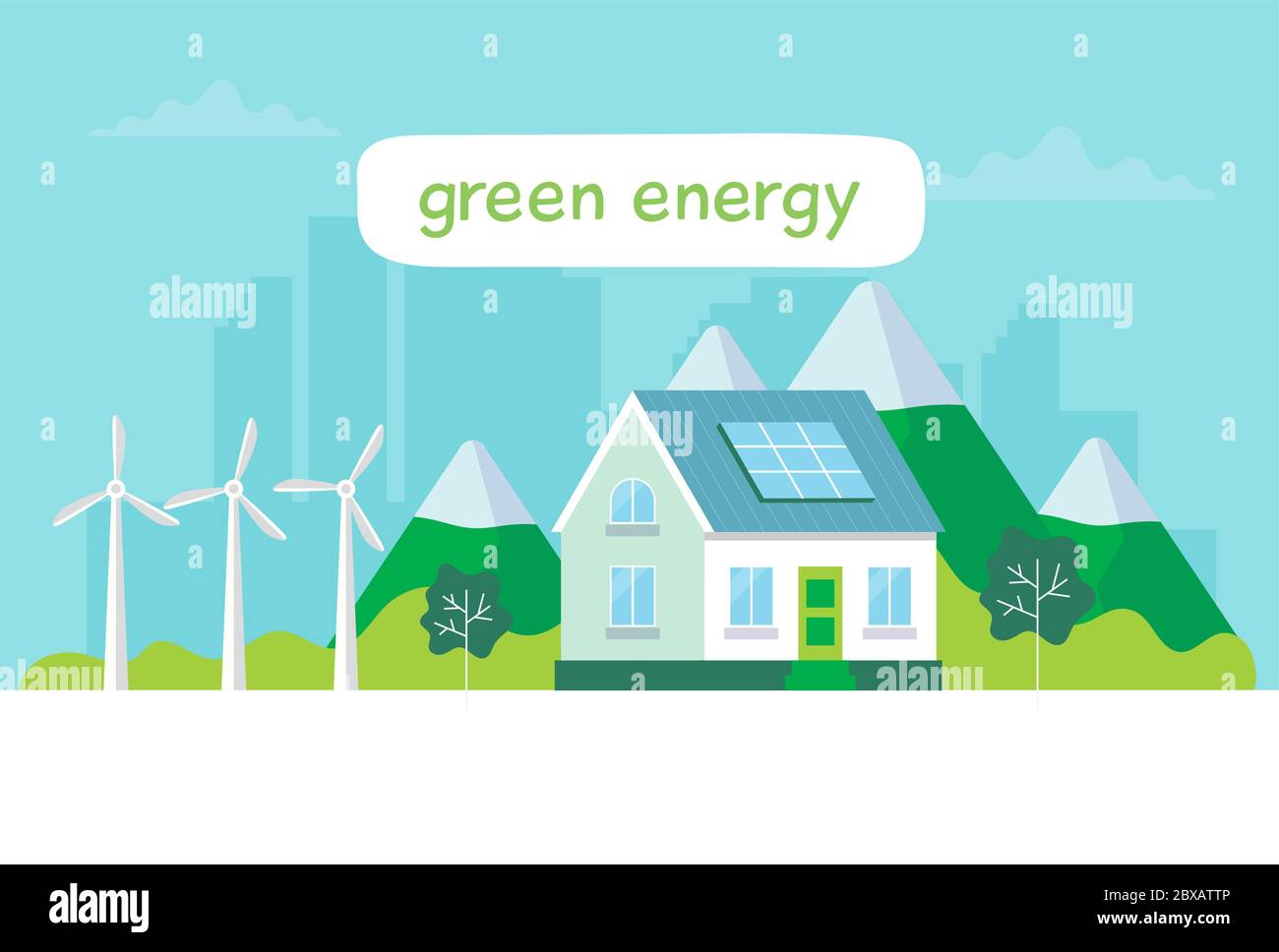 Green energy illustration with a house, solar panels, wind turbines ...
