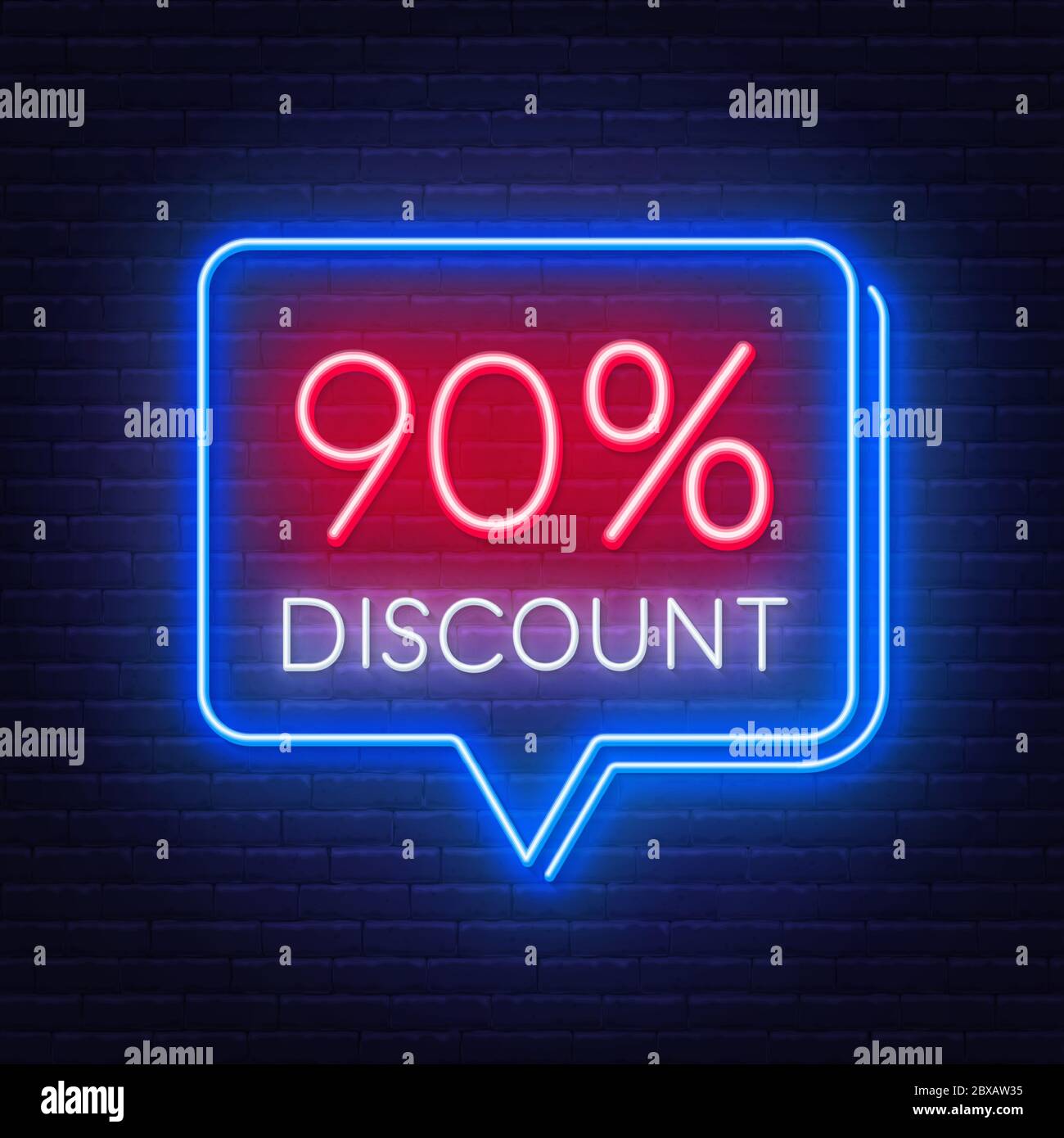 90 percent discount neon sign on brick wall background. Vector ...