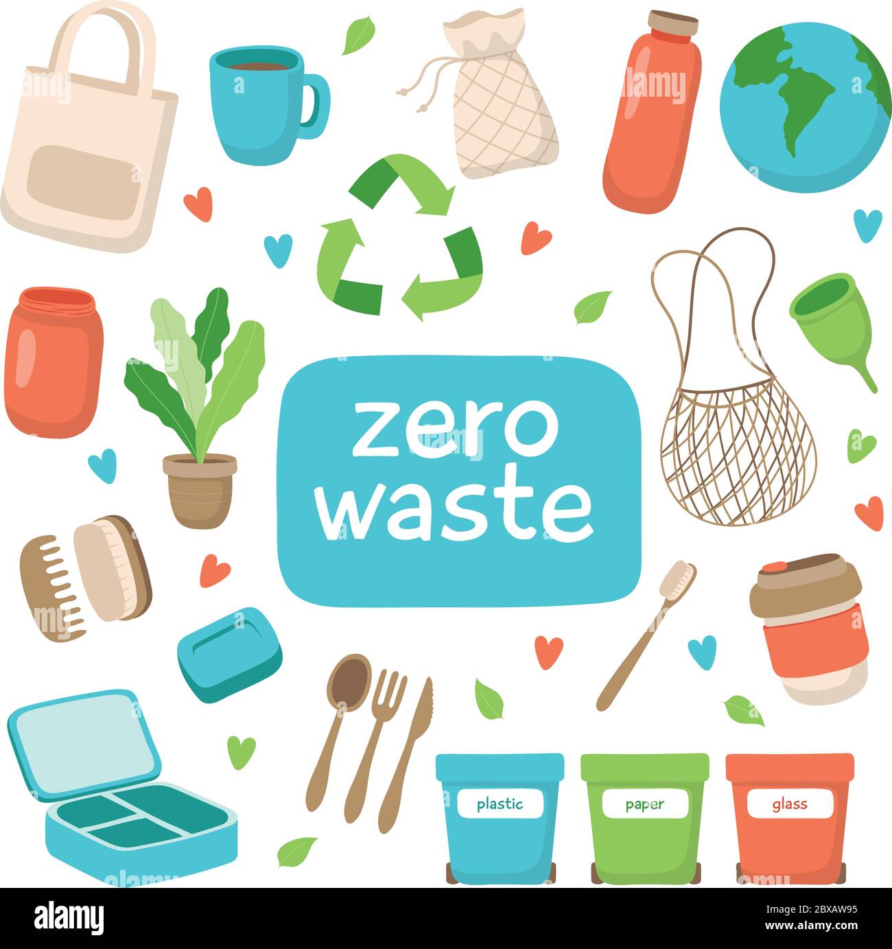Zero waste concept illustration with different elements and lettering ...