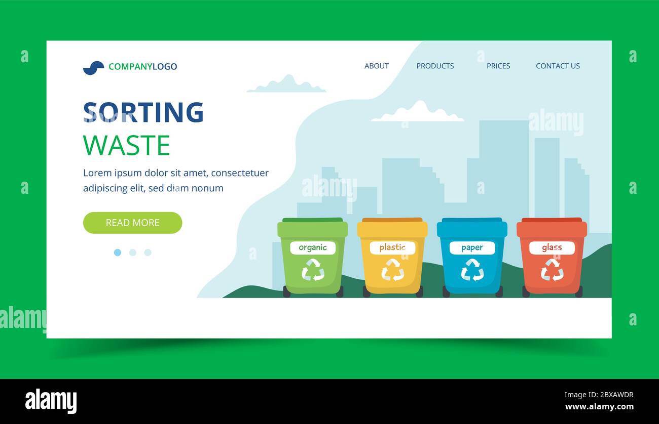 Waste sorting landing page with different colorful garbage bins ...