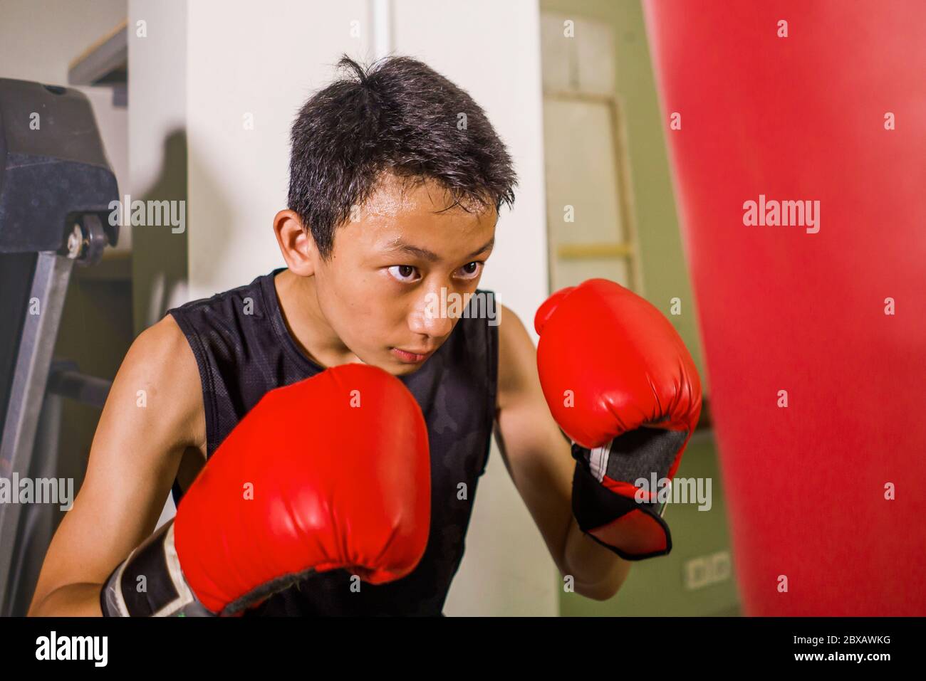Asian American teenager boxing on gym . young handsome and fierce ...