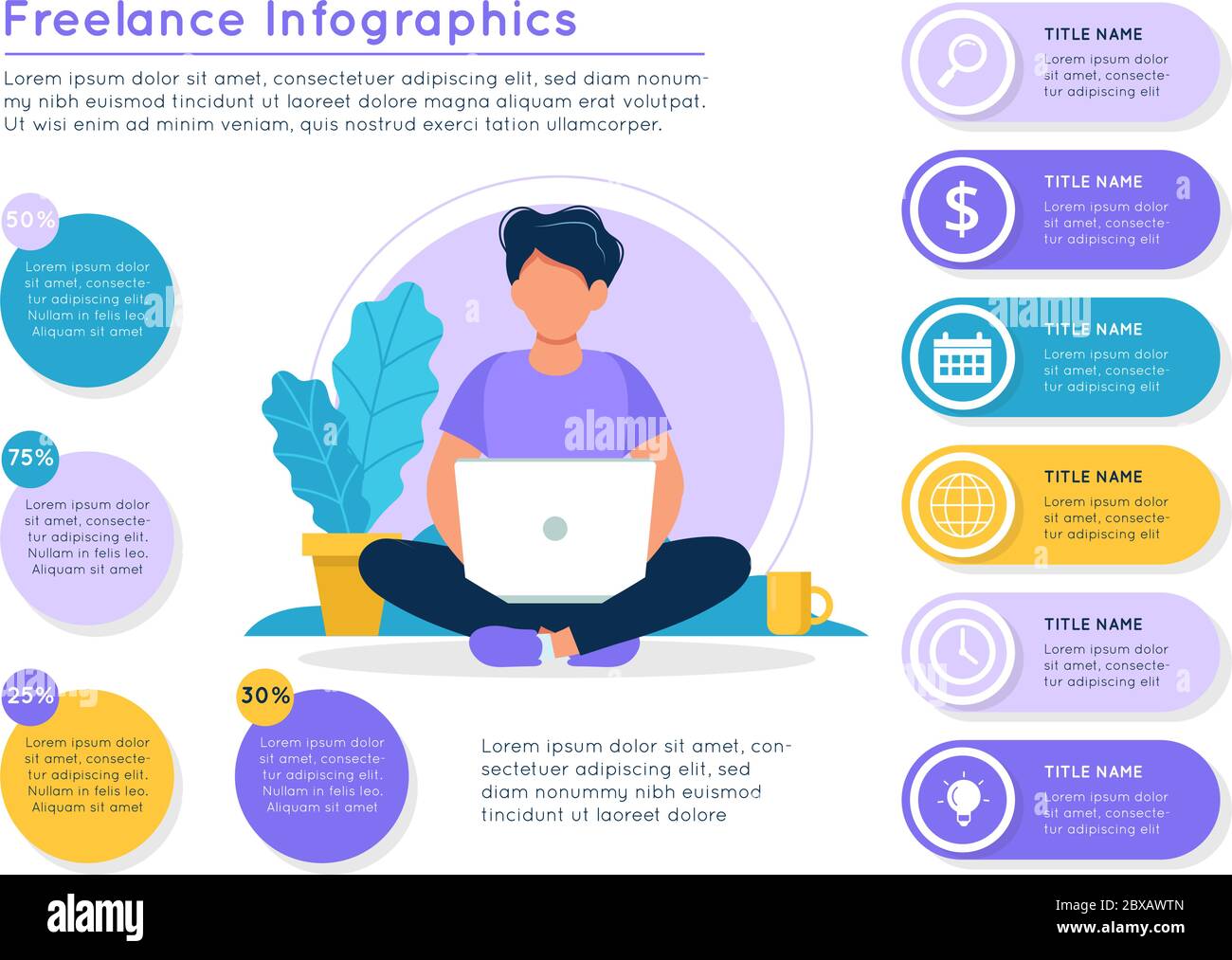 Freelance infographics. Man with a laptop, different data colorful ...