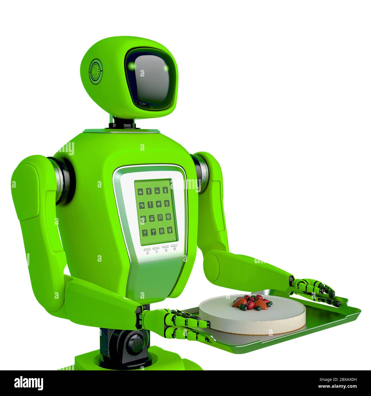 waiter robot holding a cheesecake side view, 3d illustration Stock ...