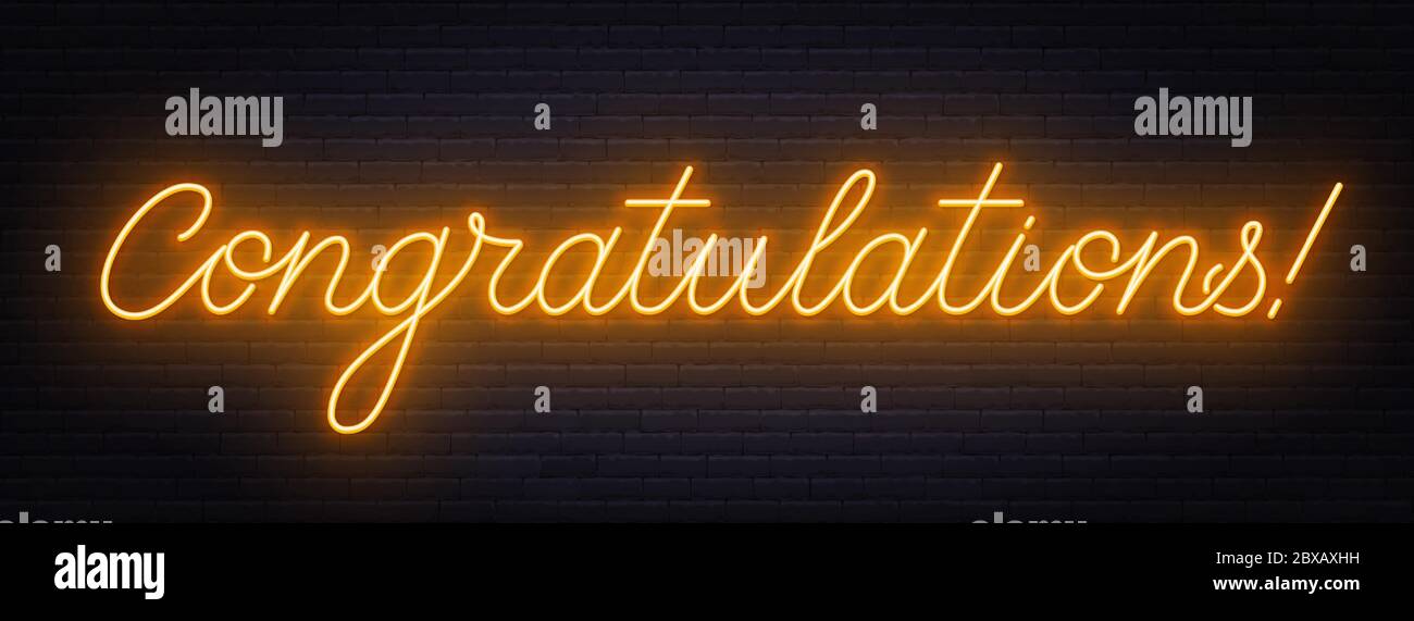 Neon lettering congratulations on brick wall background. Vector ...