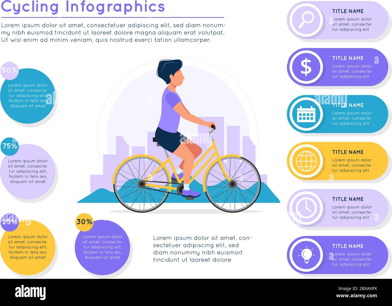 Bicycle infographics. Man riding bike with city landscape, different ...