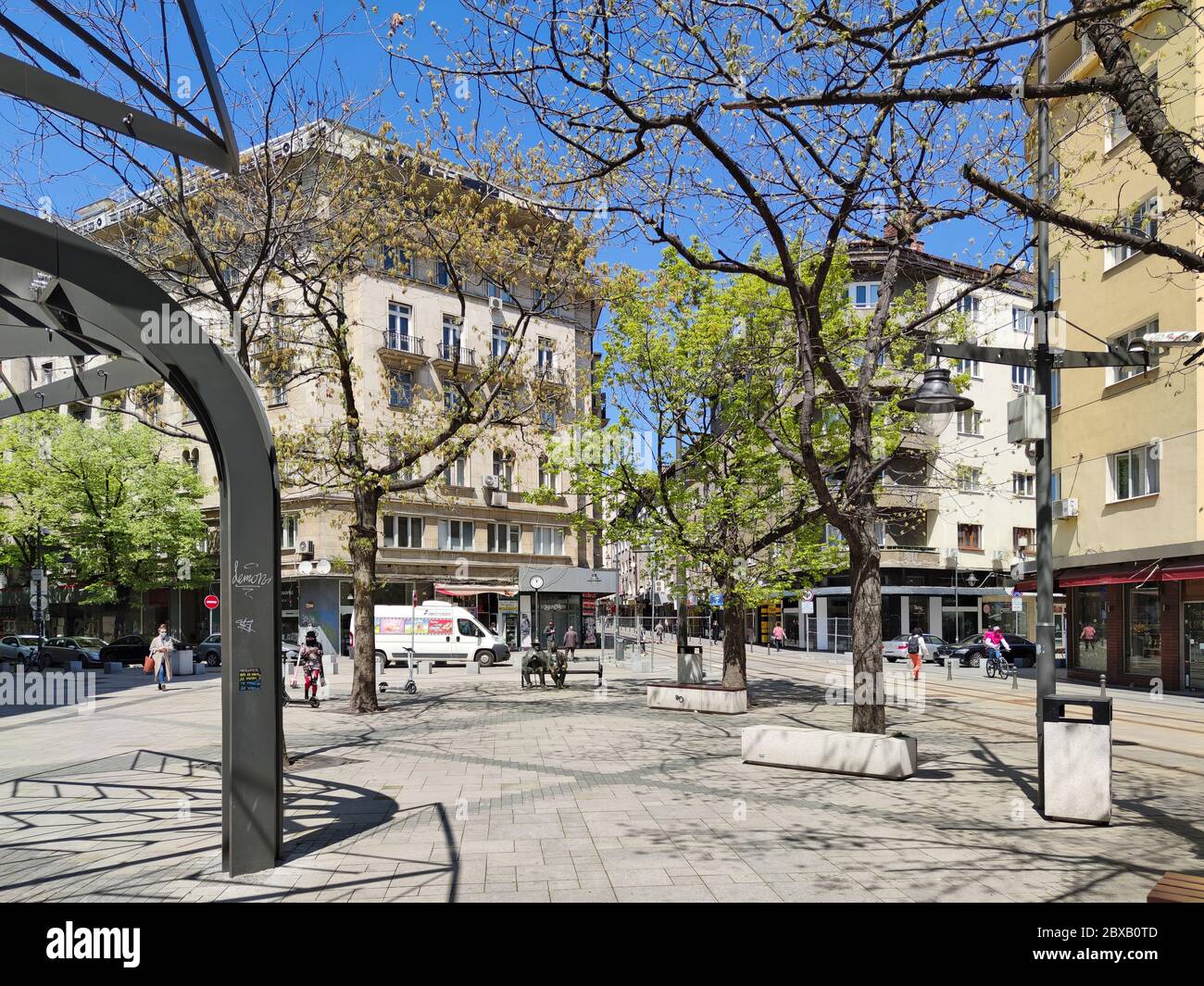 SOFIA, BULGARIA - APRIL 24, 2020: Slaveykov Square at the center of ...