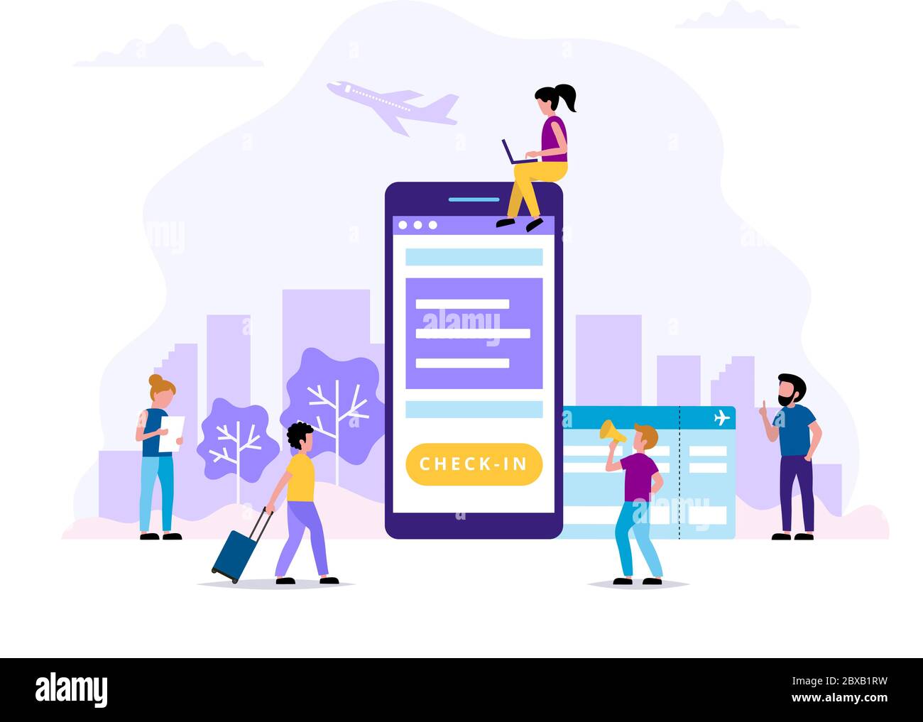 Check-in, concept illustration with smartphone, boarding pass. Small ...