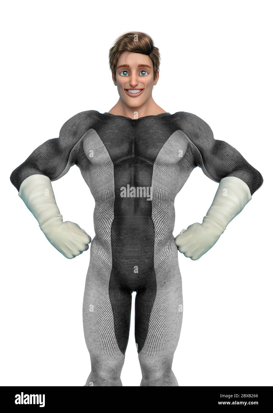 super power hero cartoon doing a mega pose. This guy in clipping path ...