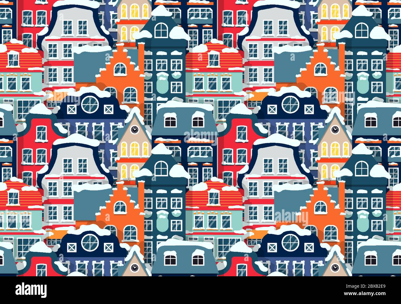 Winter houses with snow on roof seamless pattern. Layered building ...