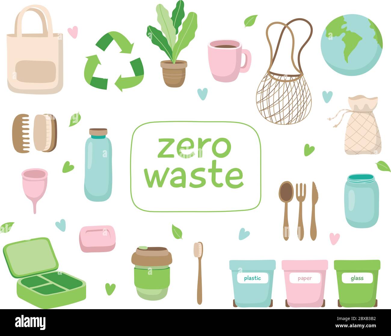 Zero waste concept illustration with different elements. Sustainable lifestyle, ecological ...