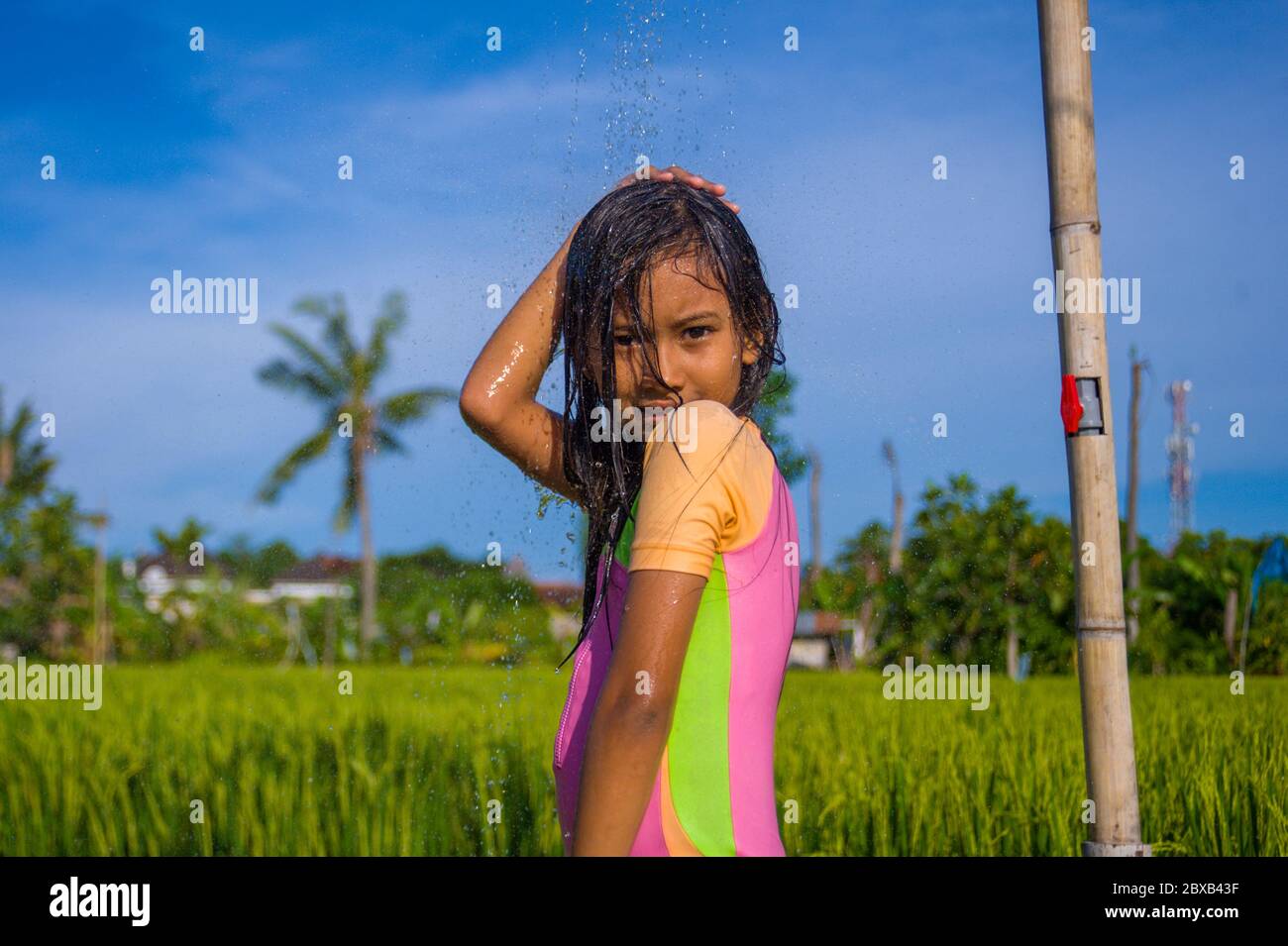 young happy and carefree beautiful child 7 or 8 years old outdoors ...