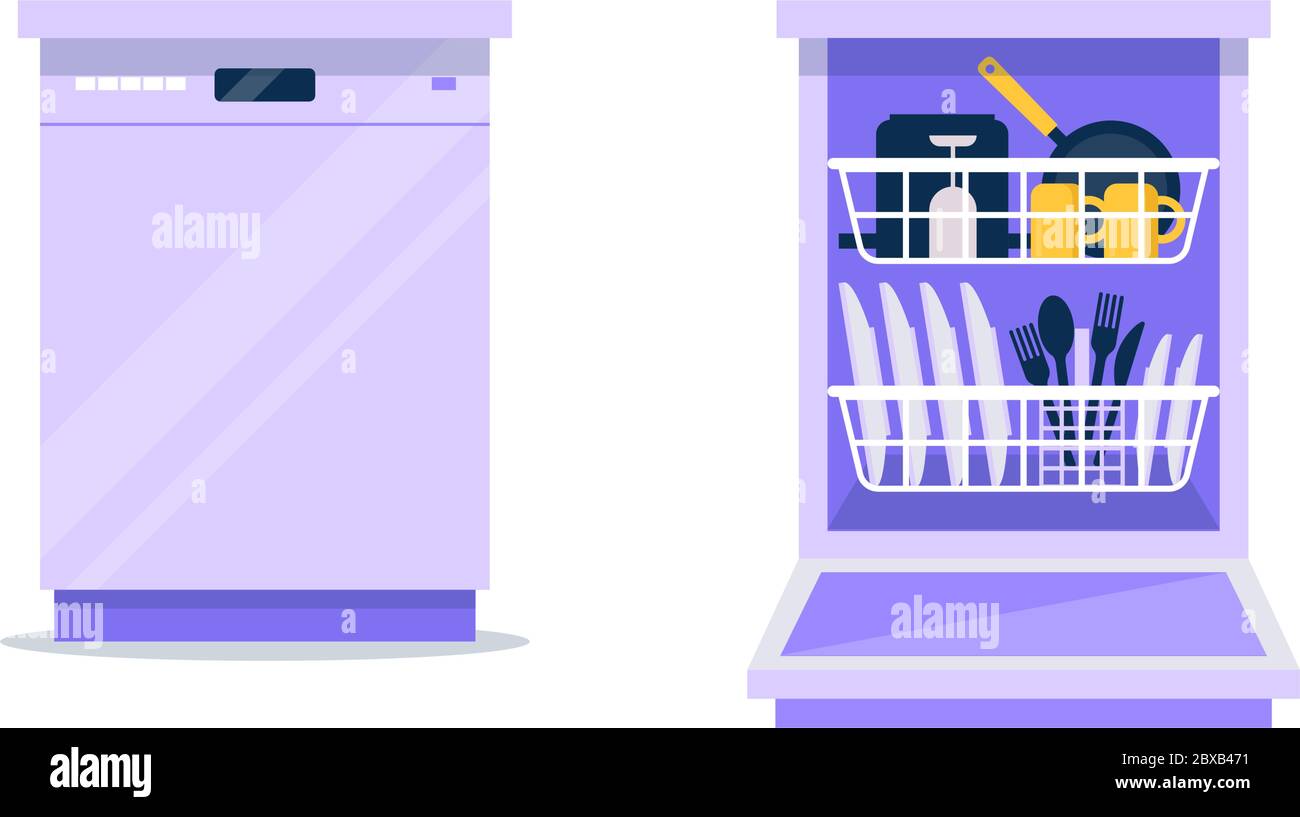 Dishwasher flat vector illustration. Closed and opened dishwasher ...