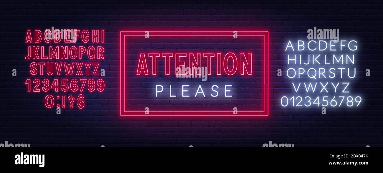 Attention please neon sign on dark background. Neon alphabet on a dark ...