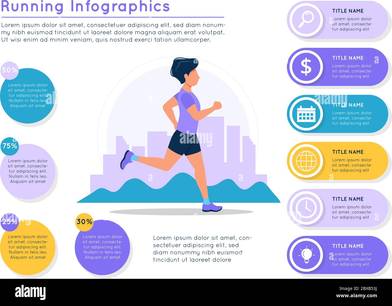 Running infographics. Man running with city landscape, different data ...