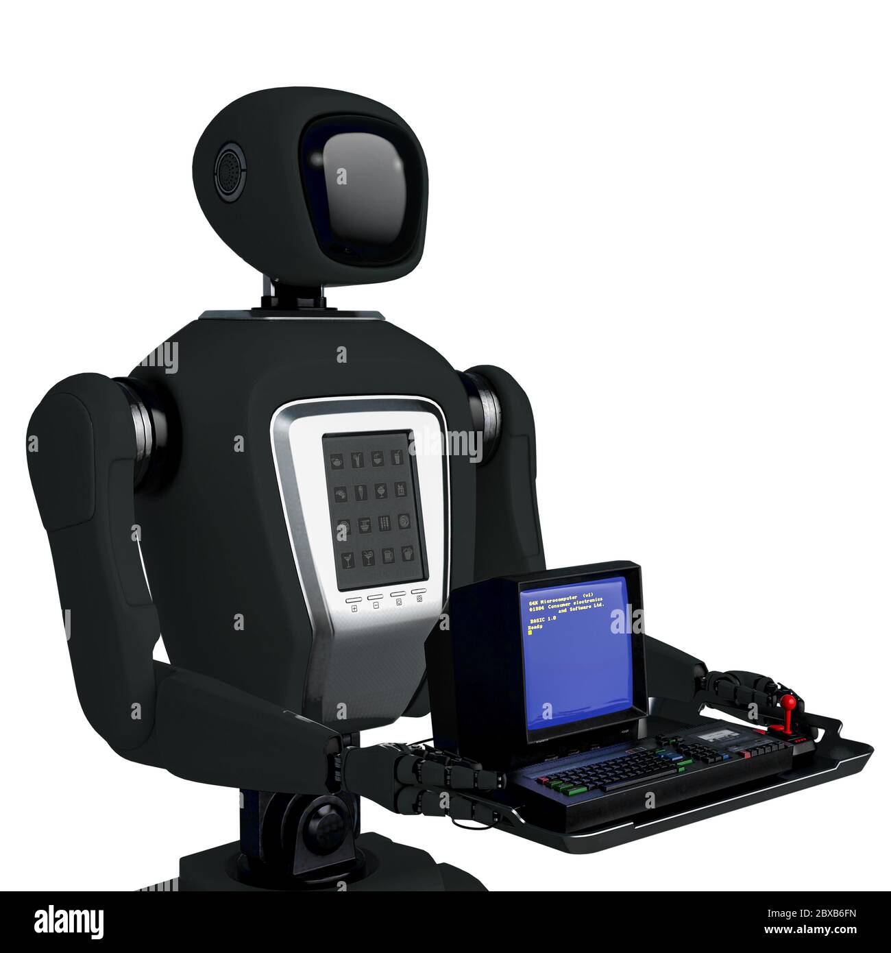 waiter robot holding a old pc side view, 3d illustration Stock Photo ...
