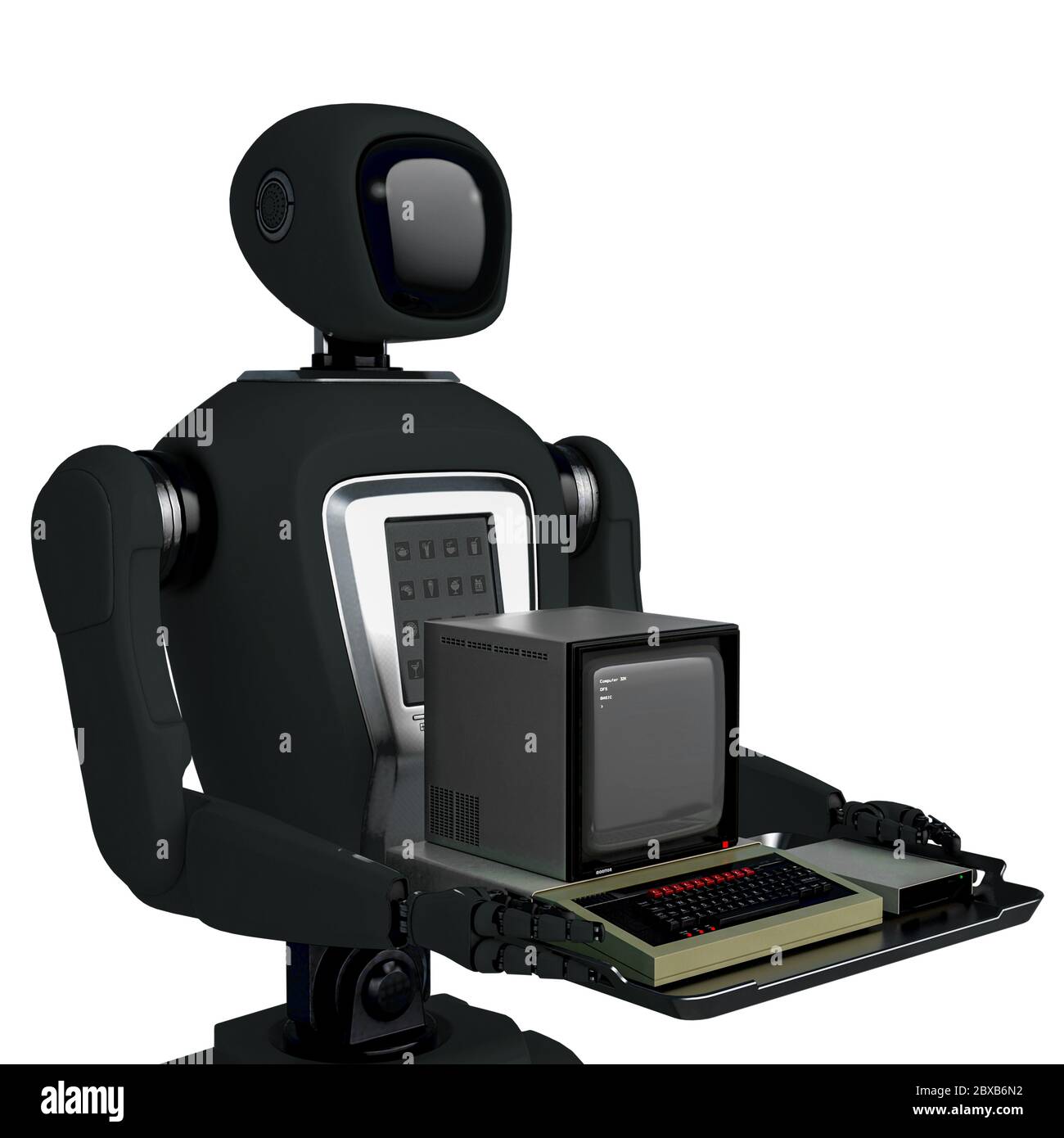 waiter robot holding a very old pc side view, 3d illustration Stock ...