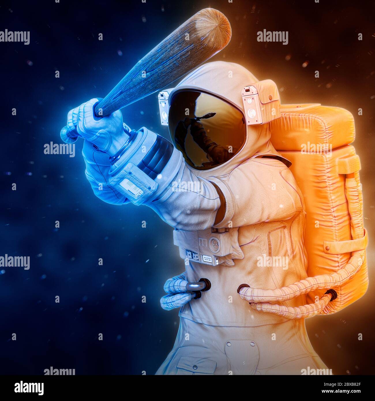 astronaut is attacking with a baseball bat pose three, 3d illustration ...