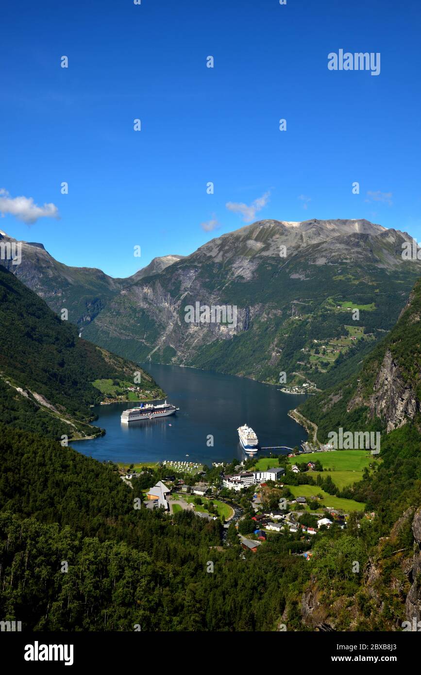 View of Geiranger and Geirangerfjord from the Flydalsjuvet viewpoint ...