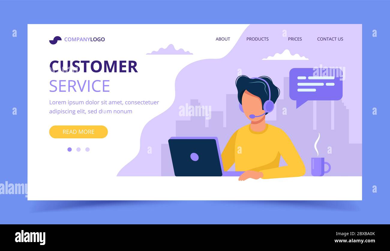 Customer service landing page. Man with headphones and microphone with ...