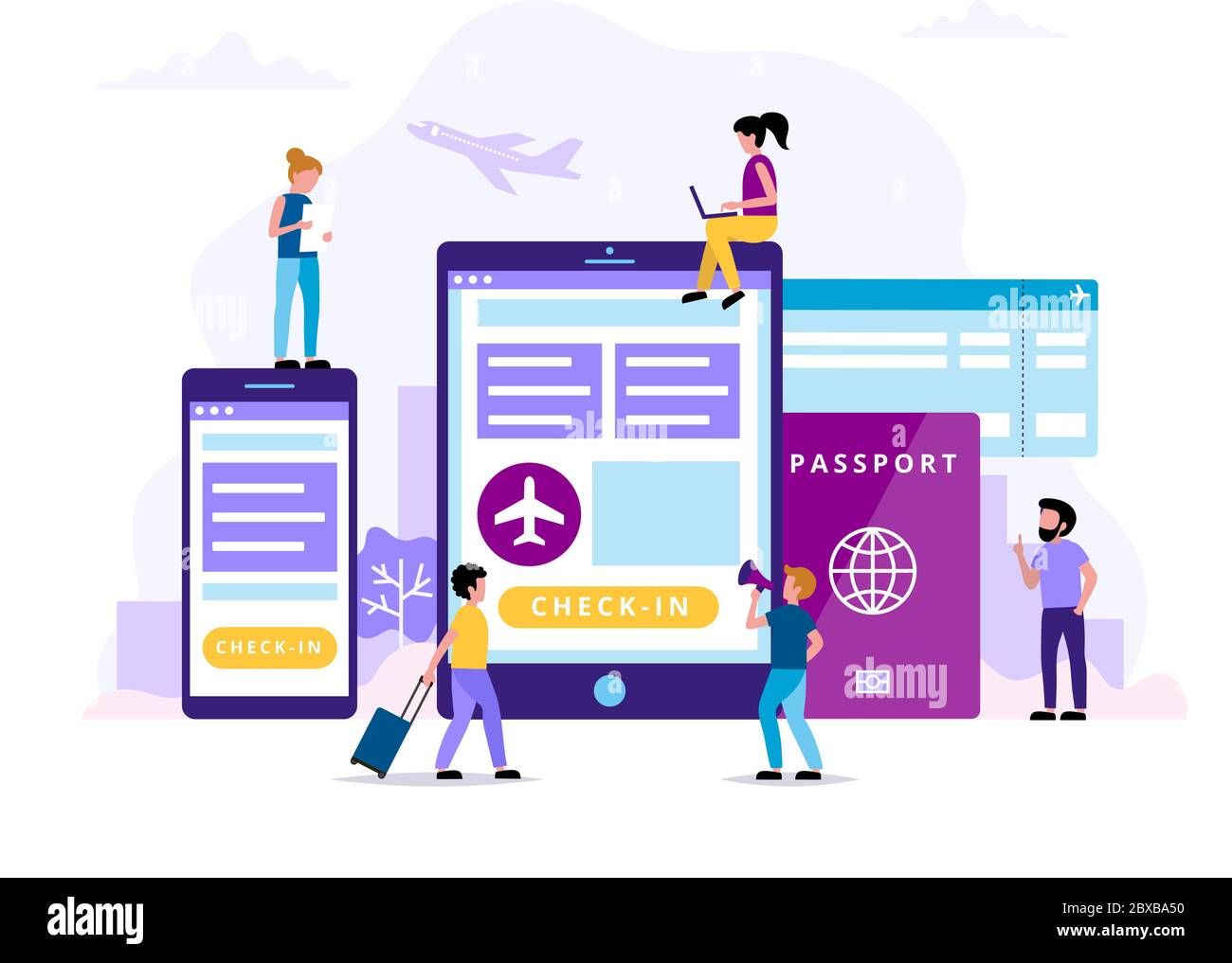Check-in, concept illustration with tablet, smartphone, passport ...